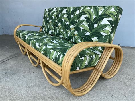 Restored Reverse Pretzel Rattan Sofa And Chair Living Room Set For Sale