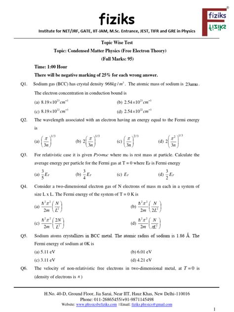 Topic Wise Test 5 Free Electron Theory Question Pdf Electrical Resistivity And
