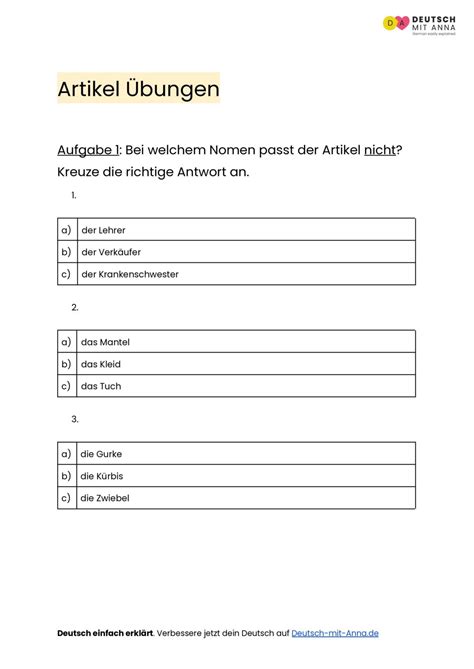 Deutsche Artikel Übungen