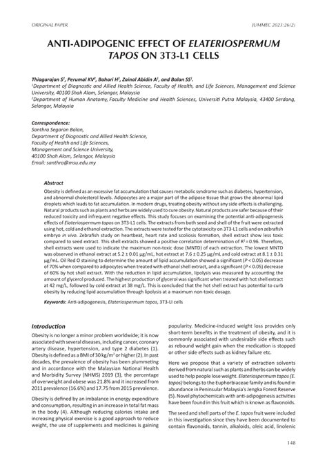 Pdf Anti Adipogenic Effect Of Elateriospermum Tapos On 3t3 L1 Cells