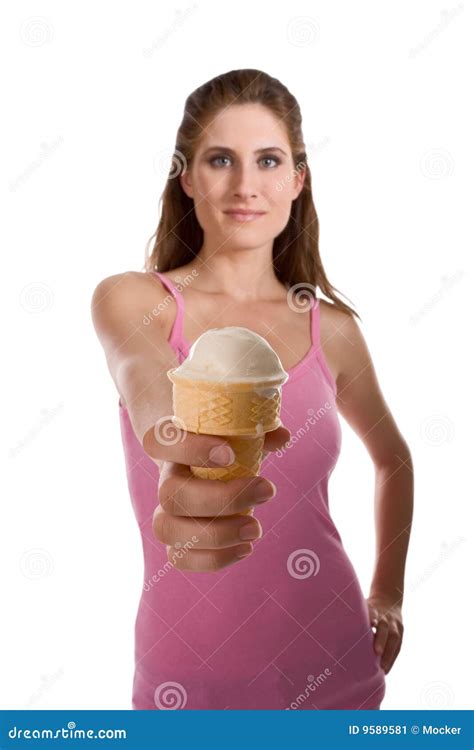 Young Woman Offering Ice Cream In Waffle Cone Stock Image Image Of