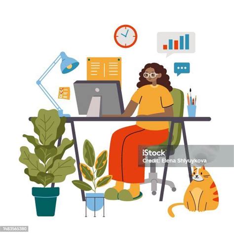 책상에서 컴퓨터 작업을 하는 아프리카계 미국인 사업가 귀엽고 아늑한 집 직장 만화 스타일 온라인 경력 자영업 개념 트렌디한 현대 벡터 일러스트레이션 플랫 개념에 대한 스톡