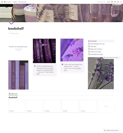 Bookshelf Girly Pretty Purple Aesthetic Notion Template In 2024