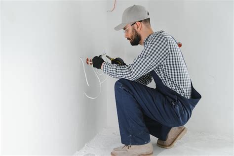 Premium Photo Electrician Installs Socket Boxes On The Wall And Puts