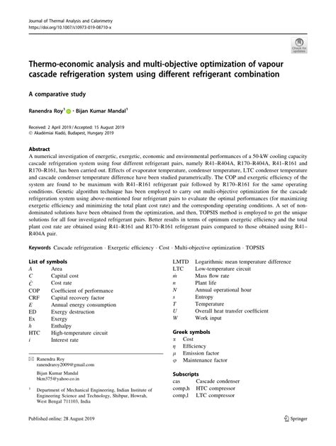 Pdf Thermo Economic Analysis And Multi Objective Optimization Of Vapour Cascade Refrigeration