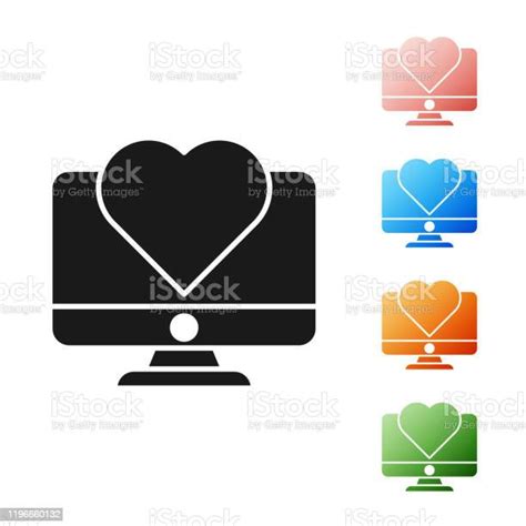 흰색 배경에 격리 된 심장 아이콘이있는 검은 색 컴퓨터 모니터 발렌타인 다채로운 아이콘을 설정합니다 벡터 일러스트레이션 개념에 대한 스톡 벡터 아트 및 기타 이미지 Istock
