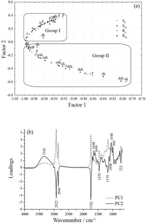 a pc1 × pc2 score plot b their loading plot for the ftir extract