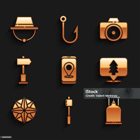 도시지도 탐색 마시멜로 스틱 캠핑 가스 난로 숲의 위치 바람 장미 도로 교통 표지판 사진 카메라와 모자 아이콘을 설정합니다 벡터 0명에 대한 스톡 벡터 아트 및 기타 이미지