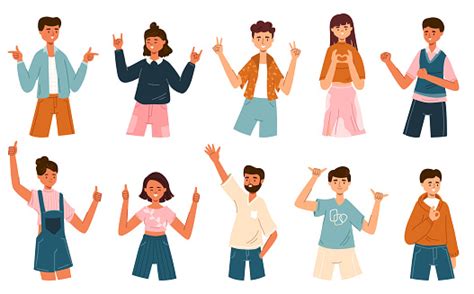 긍정적인 정서적 제스처를 보여주는 흥분된 젊은이들 좋아 평화 승리 손가락과 손 심장 제스처 벡터 일러스트 레이션 세트 제스처를 가진 행복한 사람들 남자에 대한 스톡 벡터