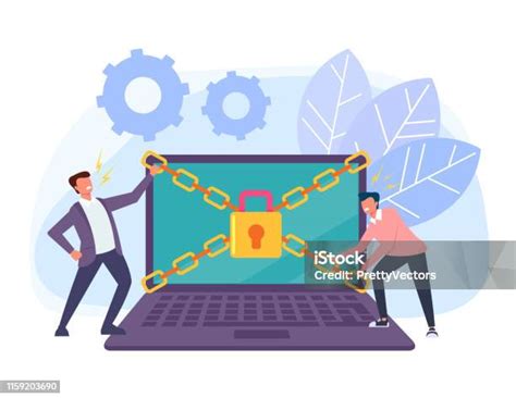 개인 정보 보호 노트북 Pc 개인 데이터 정보를 해킹하려고 해커 남자 문자 데이터 보호 온라인 로그인 암호 개념입니다 벡터 플랫 만화 그래픽 디자인 고립 된 그림 경호에