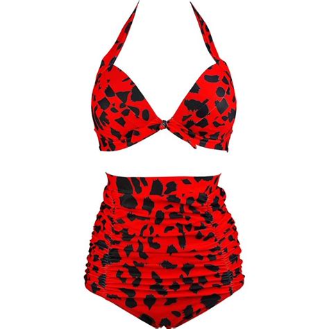 Retro 50s Black Pink Blue Floral Halter High Waist Bikini Set Halter