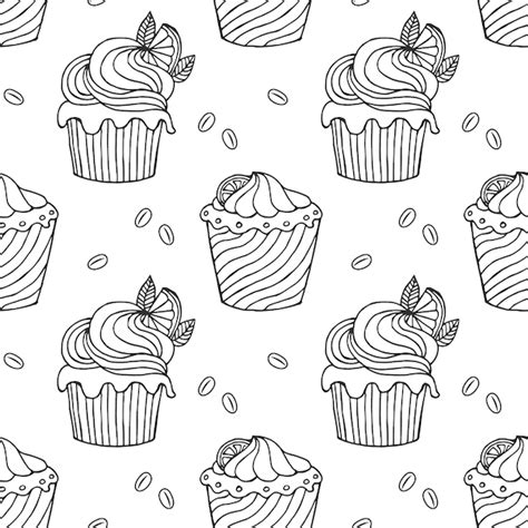 Premium Vector Seamless Pattern Hand Drawn Outline Cupcakes And