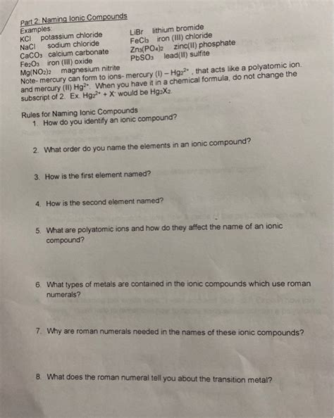 Solved Part 2 Naming Lonic Compounds Examples Kci Potassium
