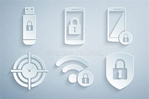 Set Wifi Locked Smartphone With Time Management Shield Security And Usb Flash Drive Icon