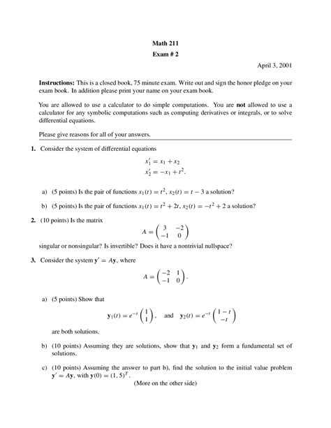 Exam 2 For Ordinary Differential Equation Math 211 Docsity