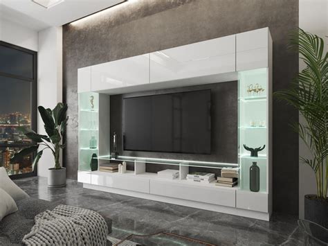 Mur TV avec rangements et LEDs en verre trempé Coloris Blanc laqué