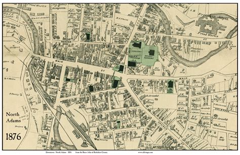 Downtown North Adams Massachusetts 1876 Old Town Map Reprint