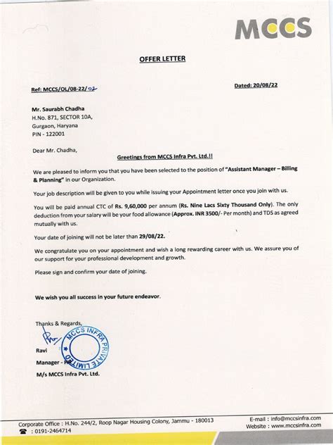 Offer Letter Mr Saurabh Chadha Assistant Manager Billing