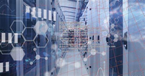 image of mathematical equations and data processing over server room