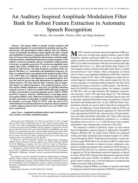 Pdf An Auditory Inspired Amplitude Modulation Filter Bank For Robust Feature Extraction In