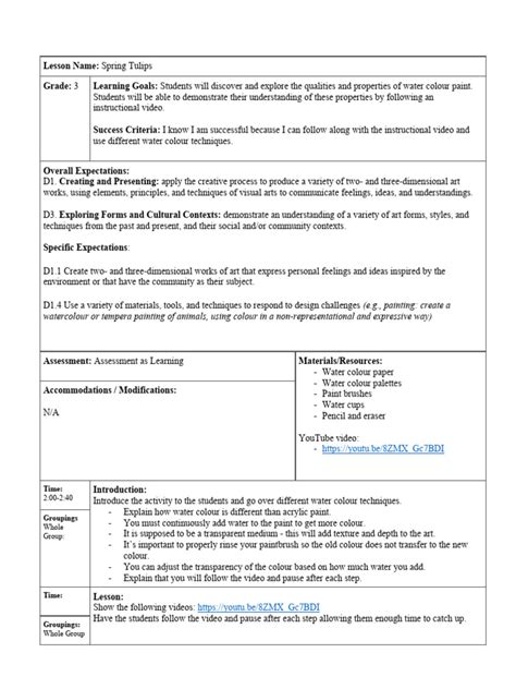Spring Tulips Lesson Plan Pdf