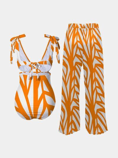 Printed Tie Shoulder Swimwear And Pants Swim Set In There Like