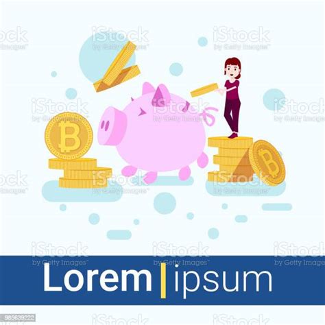 여자 캐릭터에 게 Bitcoins 돼지 상자 돈 성장 여성 템플릿 디자인 작업 및 애니메이션에 대 한 흰색 배경 전체 길이