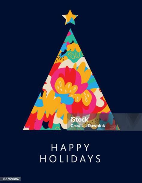 Happy Holidays Kartu Ucapan Template Desain Datar Dengan Pohon Natal
