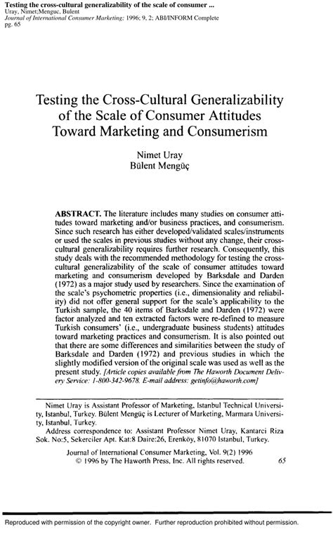 Pdf Testing The Cross Cultural Generalizability Of The Scale Of Consumer Attitudes Toward