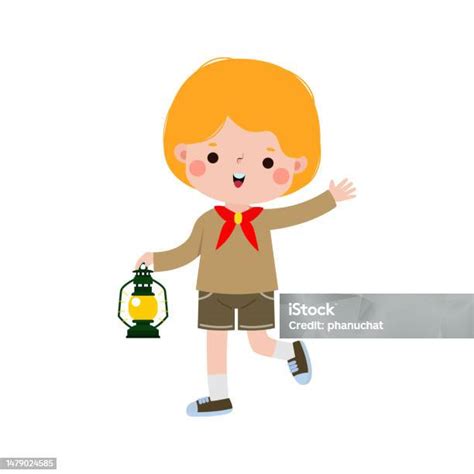 행복한 귀여운 작은 아이 착용 스카우트 명예 유니폼 어린이 소녀 스카우트 만화 플랫 캐릭터 고립 된 벡터 일러스트 레이 션 흰색 배경에 관광객에 대한 스톡 벡터 아트 및