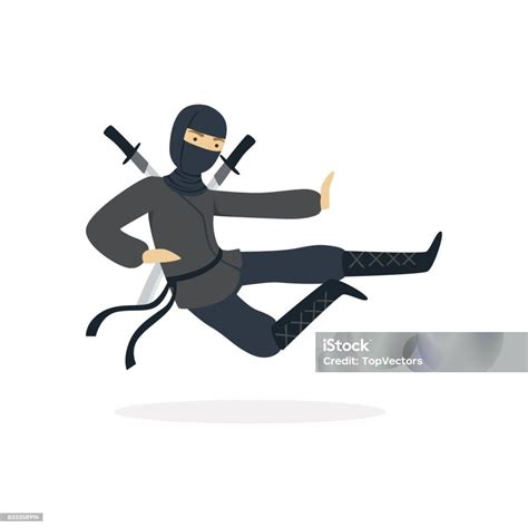 전체 블랙 의상 Katana 칼 그의 뒤에 일본 무술 벡터 일러스트 레이 션과 점프 닌자 암살자 캐릭터 검은색에 대한 스톡 벡터