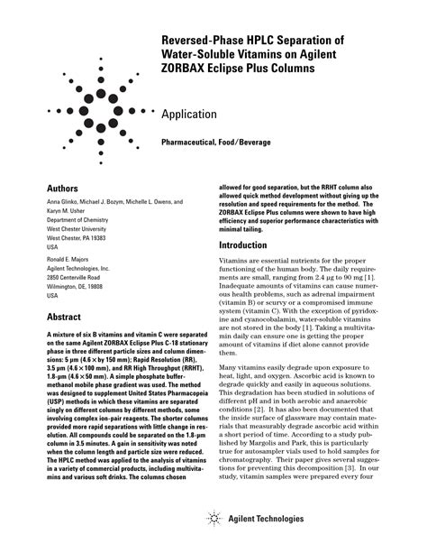 Reversed Phase Hplc Separation Of Water Soluble Vitamins On Agilent Zorbax Eclipse Plus Columns