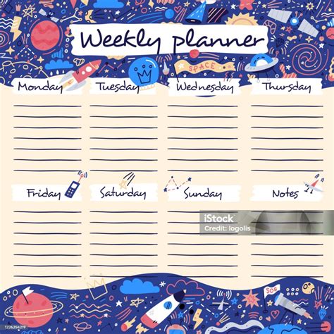 낙서 만화 스타일의 재미있는 우주와 재미있는 만화 코스모스 아이콘주간 플래너 아이들은 디자인 템플릿을 예약합니다 벡터 그림입니다 수첩에 대한 스톡 벡터 아트 및 기타 이미지