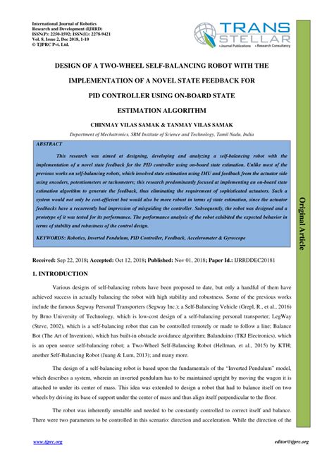Pdf Design Of A Two Wheel Self Balancing Robot With The Implementation Of A Novel State