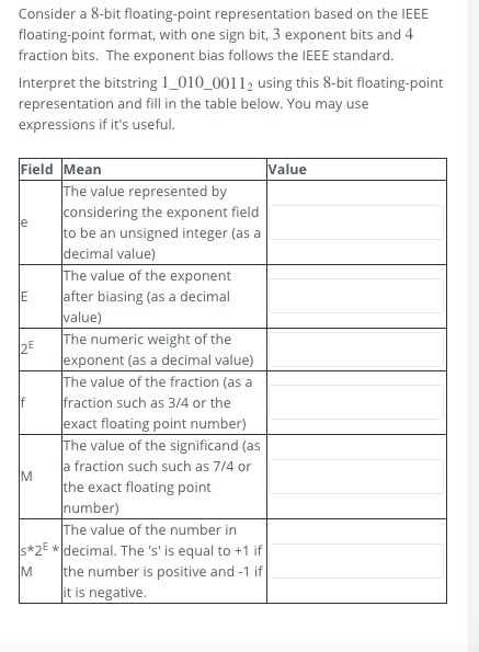 solved consider a 8 bit floating point representation based