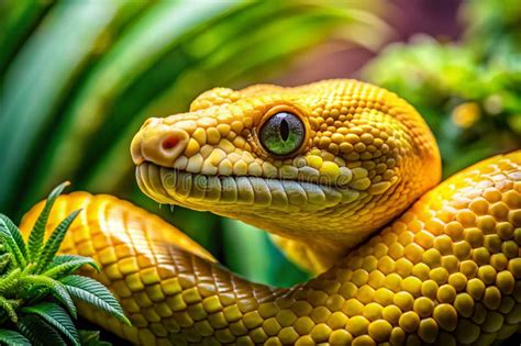 Stunning Closeup Of A Yellow Python In A Vibrant Jungle Ecosystem A