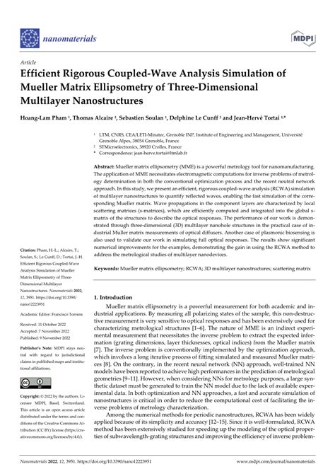 Pdf Efficient Rigorous Coupled Wave Analysis Simulation Of Mueller Matrix Ellipsometry Of