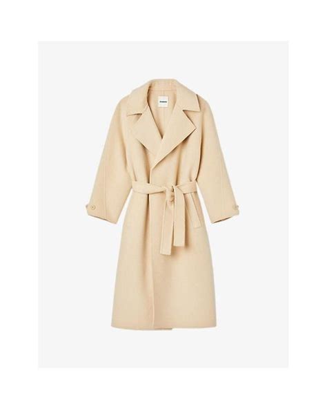 Sandro Double Breasted Belted Wool Trench Coat In Natural Lyst