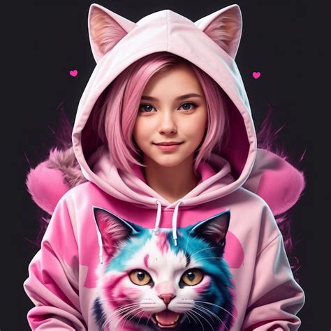 Premium Ai Image A Beautiful Girl In A Cat Pink Hoodie Images With Ai