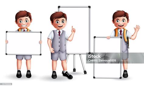학교 소년 프리젠 테이션 벡터 캐릭터 세트 남성 3d 학생은 교육 발표 및 학습 디자인을위한 스탠딩 포즈와 제스처에 화이트 보드 요소를 들고 보여주는 3차원 형태에 대한