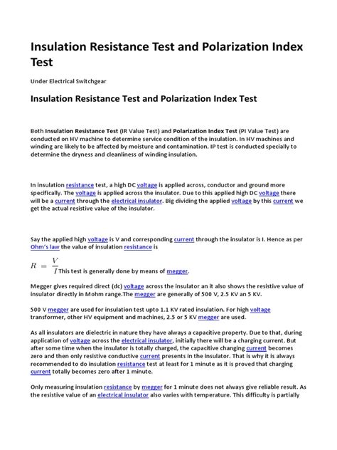 Insulation Resistance Test And Polarization Index Test Insulator