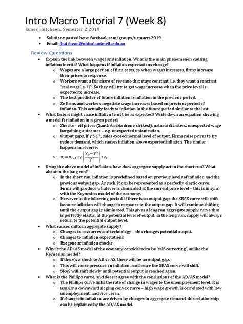 Intro Macro Tutorial 7 Week 8 Review Questions Pdf Phillips Curve Monetary Policy