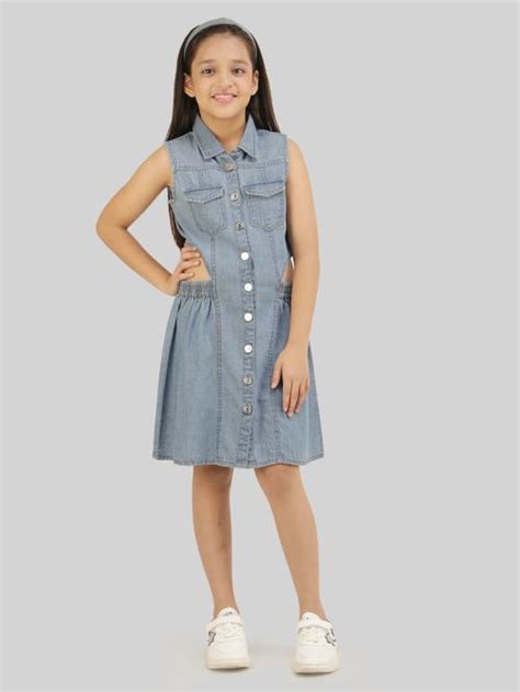 Buy Being Naughty Blue Color Solids Denim Knee Length Dress Online At