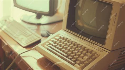 a vintage computer setup with a crt monitor and a classic keyboard on a