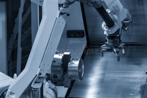 The Automatic Robotic Arm Gripping The Metal Parts From Cnc Lathe