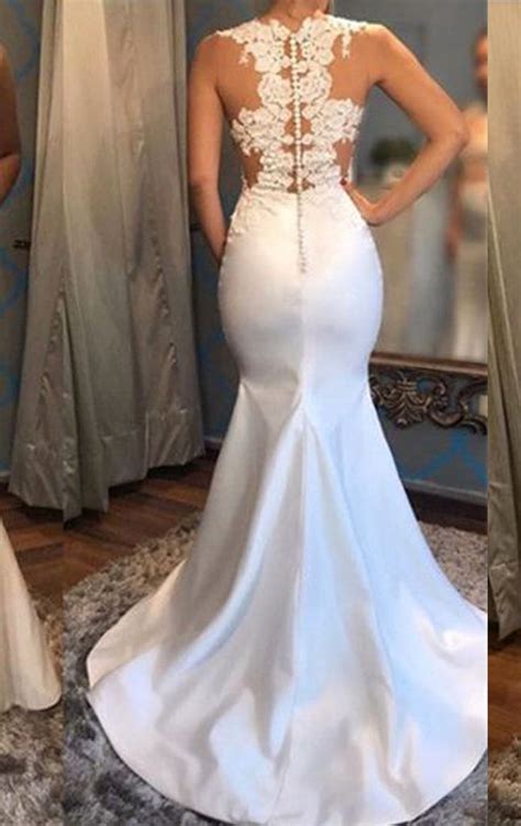 Macloth Mermaid Illusion Lace Long Prom Dress Ivory Formal Evening Gow