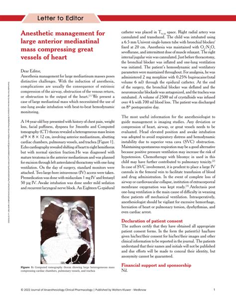 Pdf Anesthetic Management For Large Anterior Mediastinal Mass
