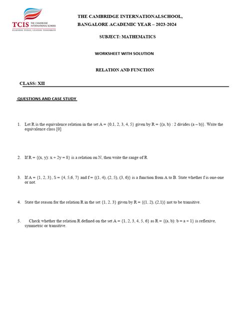 Worsheet Realtion And Function Pdf