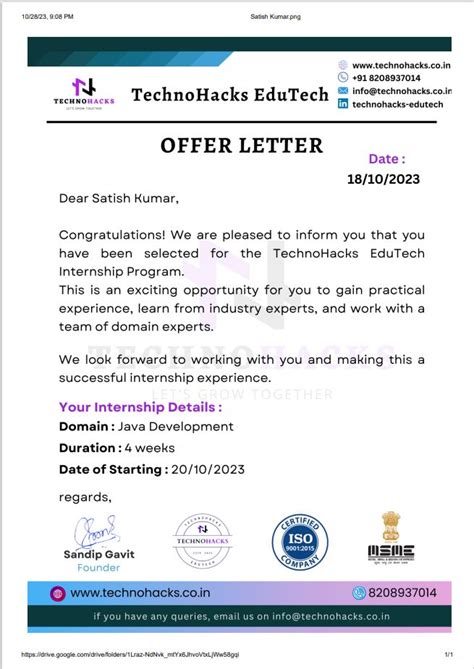 Satish Kumar On Linkedin Technohacks Internshipoffer Techenthusiast Newbeginning Excitingnews