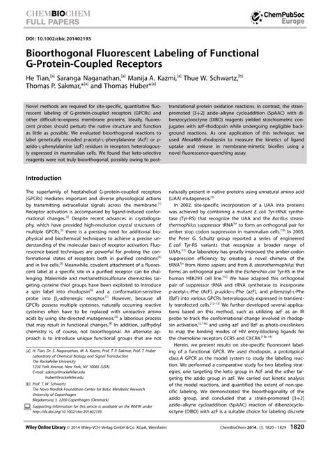 Pdf Bioorthogonal Fluorescent Labeling Of Functional G Protein Coupled Receptors